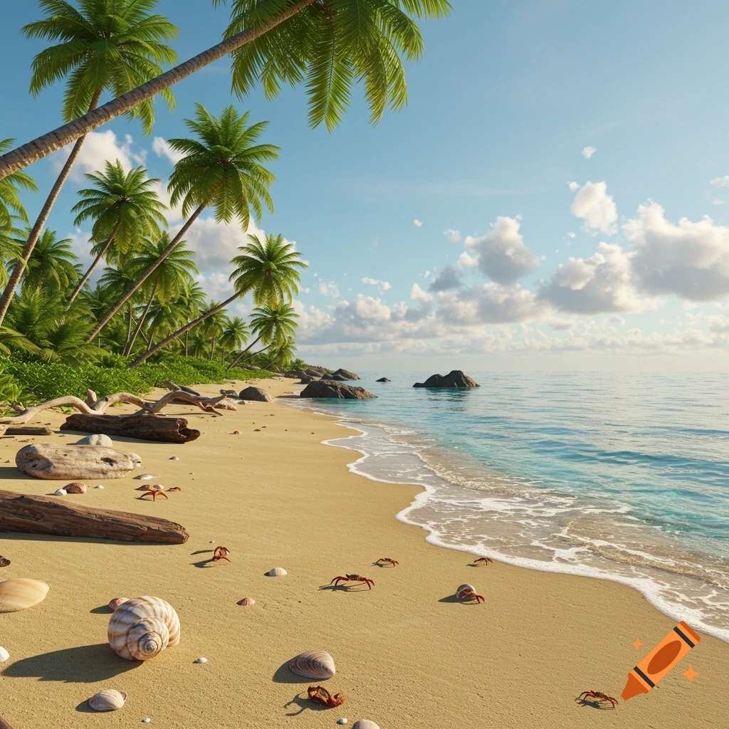 A photorealistic tropical beach with palm trees, driftwood, shells, and crabs on the sand, with ...