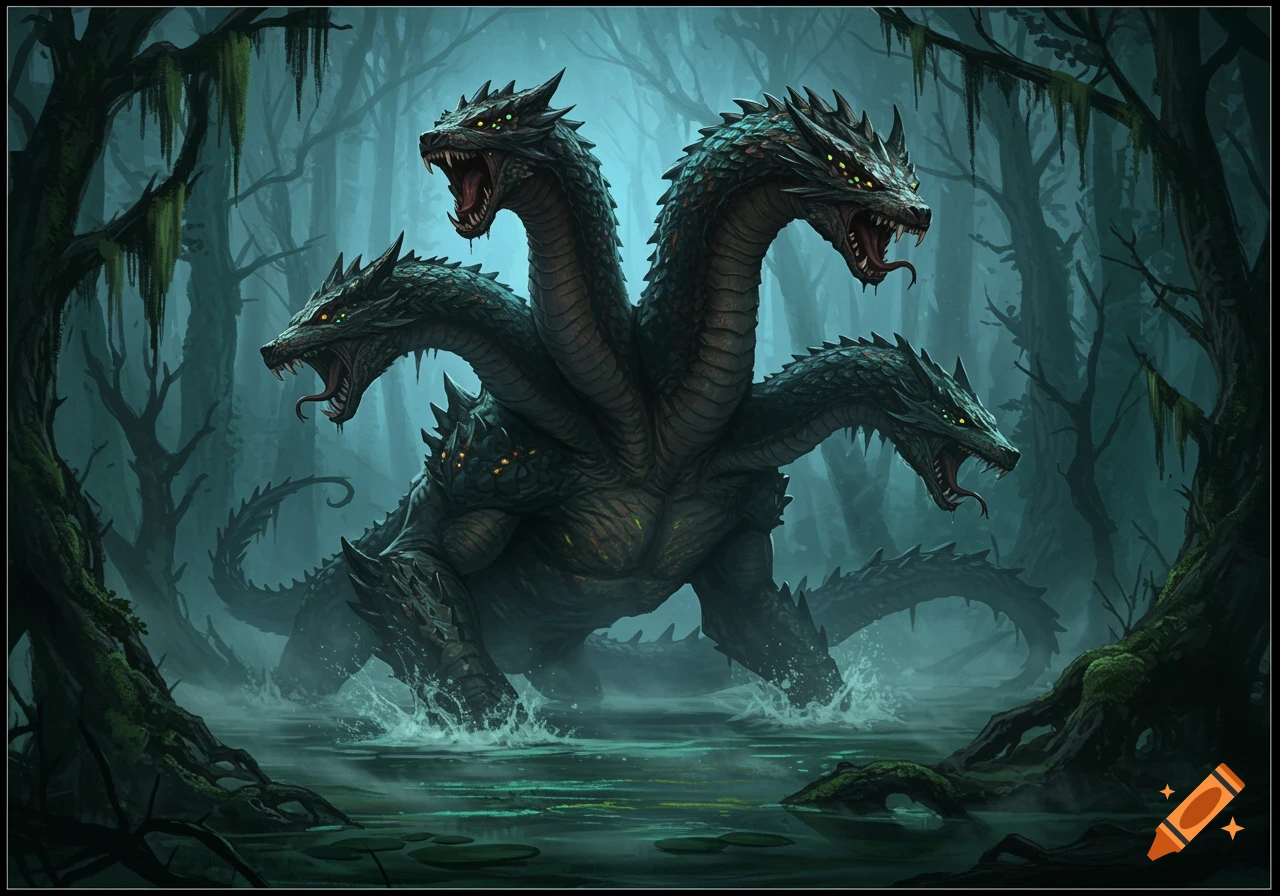 A dark fantasy illustration of a large multi-headed monster, resembling ...