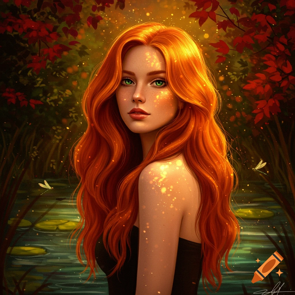 Digital painting of a smiling red-haired witch with pointed ears, green eyes, freckles, and ...