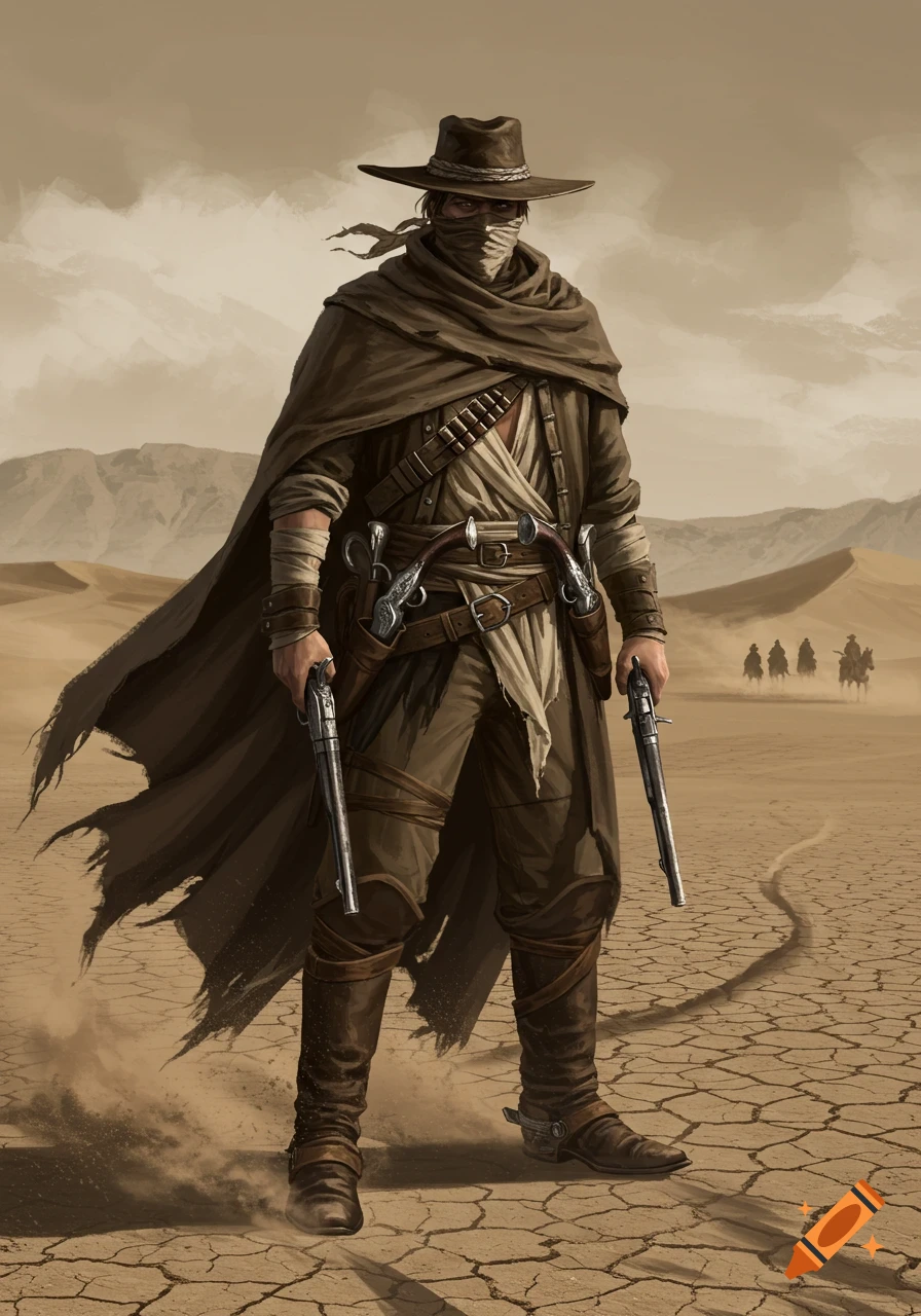 A cloaked figure with a sword stands on a cliff overlooking a desolate ...