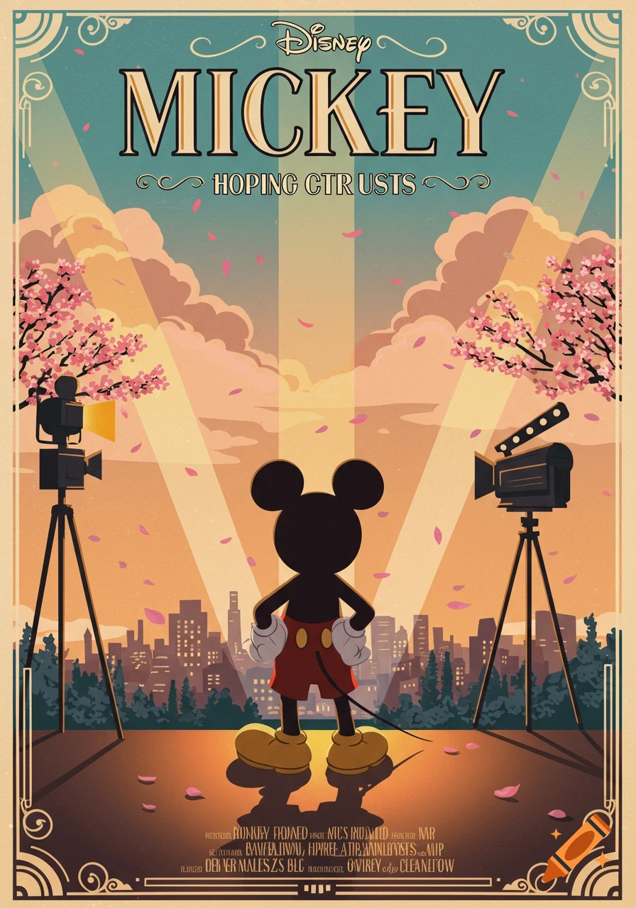 A vintage-style movie poster featuring the silhouette of Mickey Mouse ...