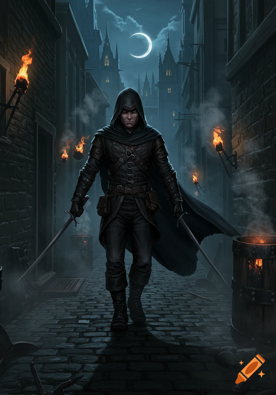 A dark-clad fantasy rogue with two swords walks through a misty, torch ...