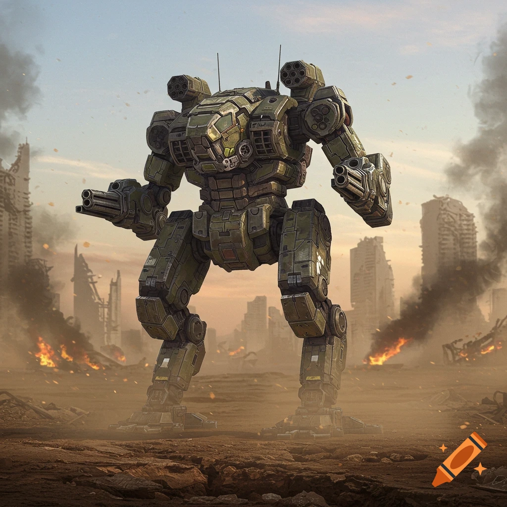 A large green military mech stands in a ruined, smoke-filled city with ...