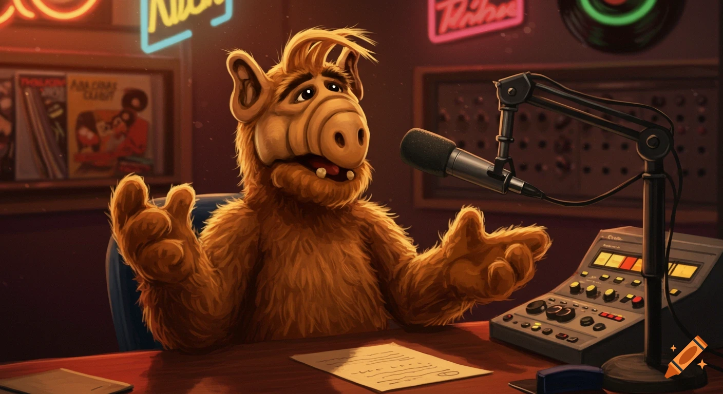 Alf, the brown furry alien, sits on a patterned couch in a dimly lit ...