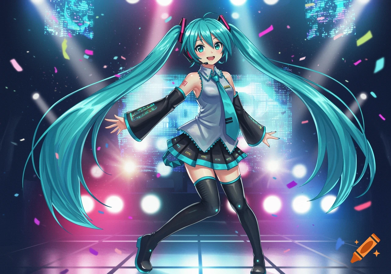 Hatsune Miku performs on stage at a vibrant concert with glowing lights ...