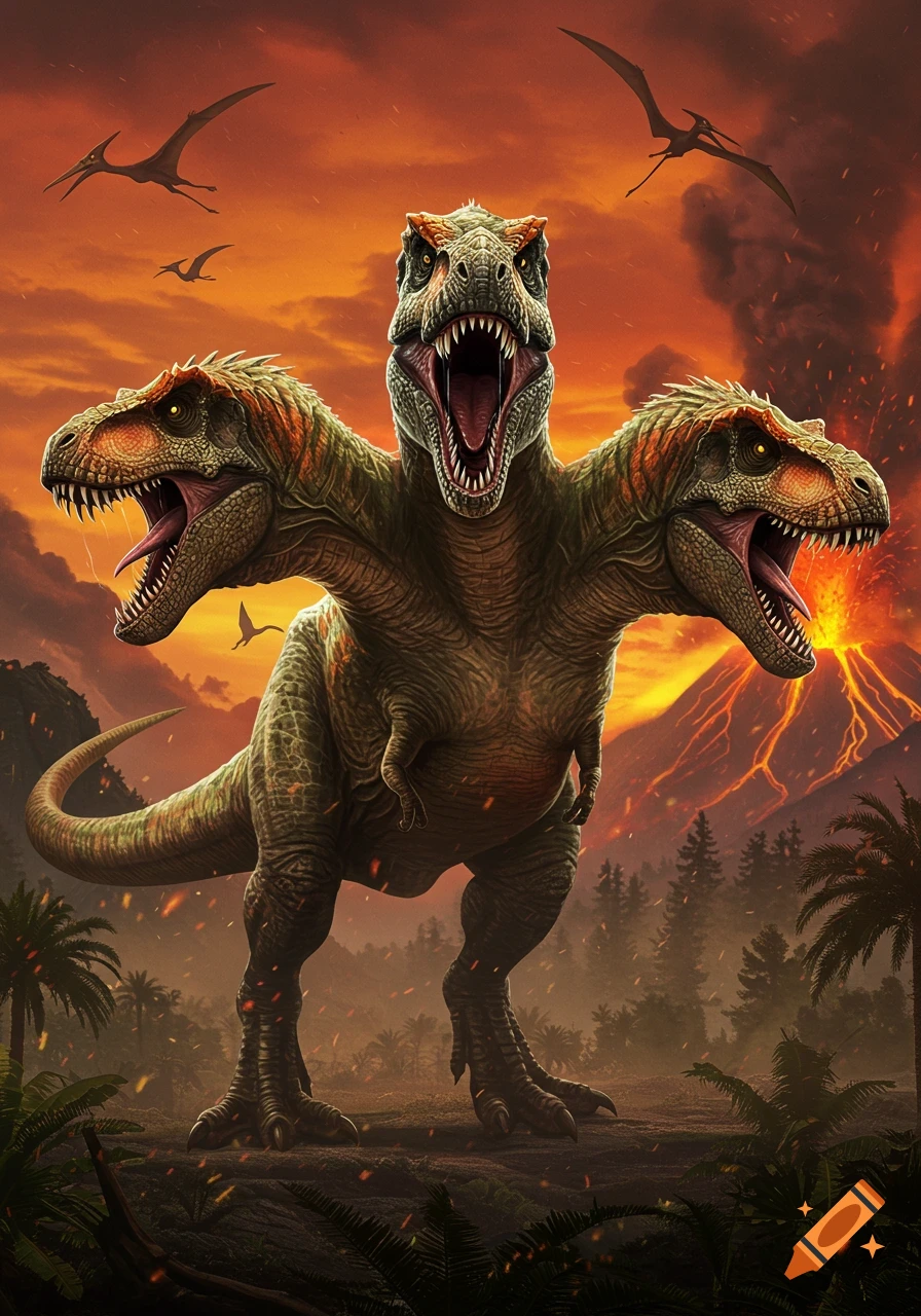 A giant Tyrannosaurus Rex roars at a tiny person running in a fiery ...