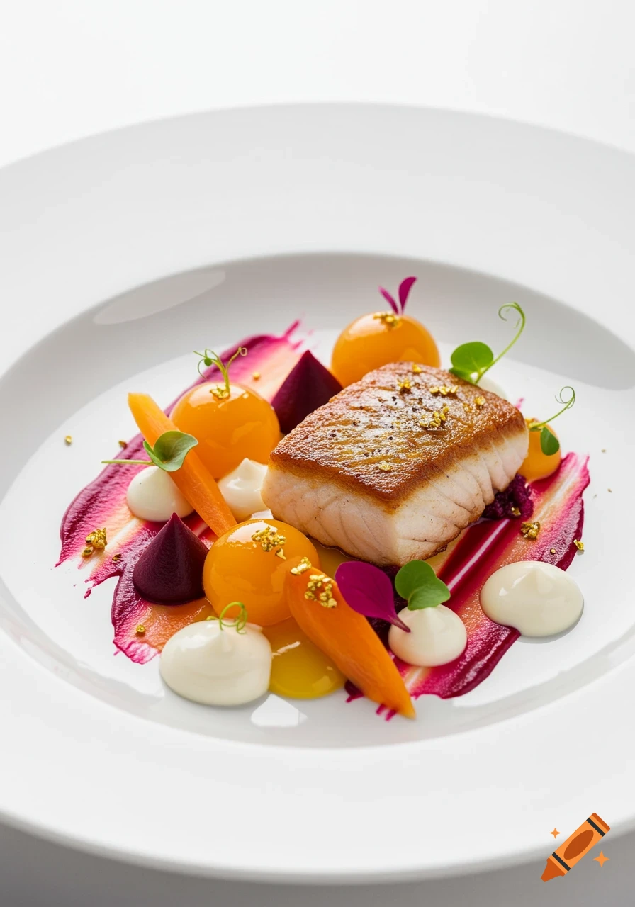 A gourmet dish featuring pan-seared fish, vibrant beet puree, orange ...