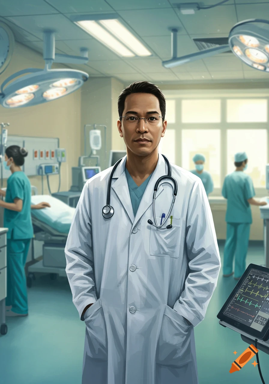 A confident Asian male doctor in a white lab coat and blue scrubs stands with a stethoscope in a ...