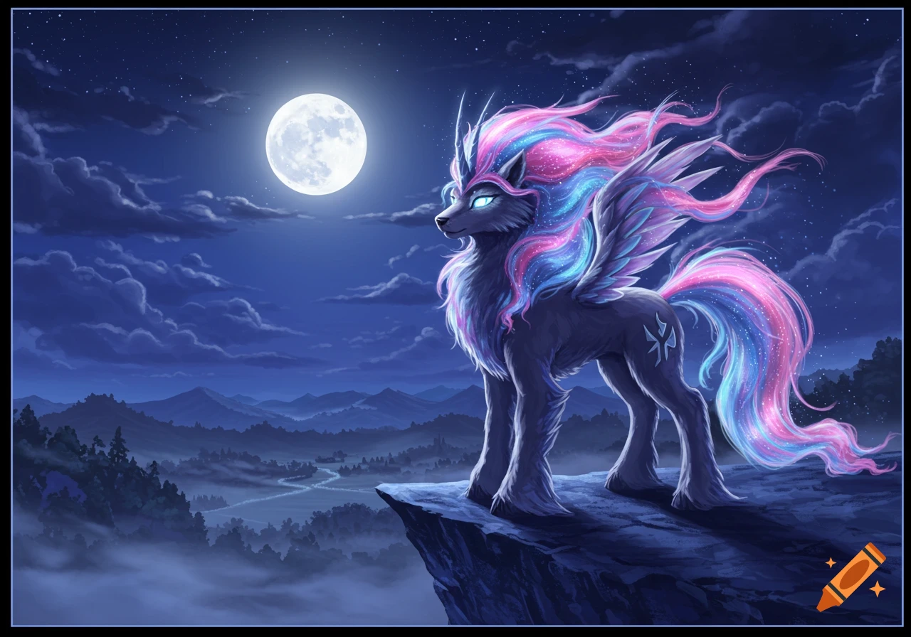A winged, wolf-like creature with glowing pink and blue mane and tail ...