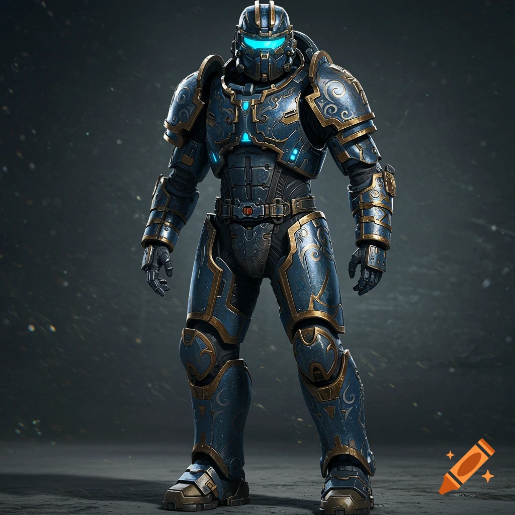 Full body view of a highly detailed futuristic blue and gold power ...