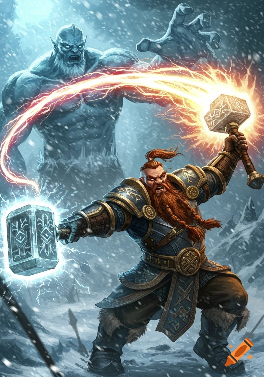 A red-bearded dwarf cleric in armor throws a glowing hammer at a ...