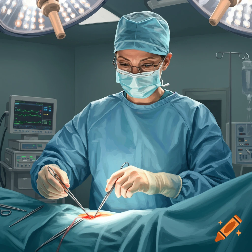 An illustration of a surgeon in blue scrubs and a mask, performing ...