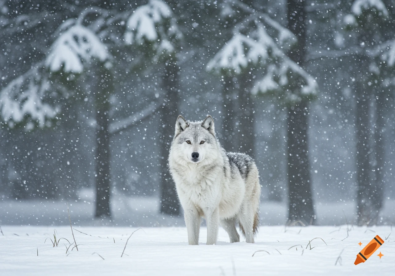 A white and gray wolf stands in a snowy forest with falling snow ...