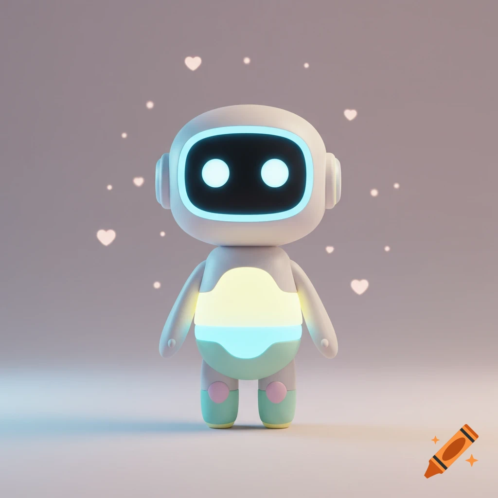 A cute, white, spherical robot with glowing blue eyes and smile, pink ...