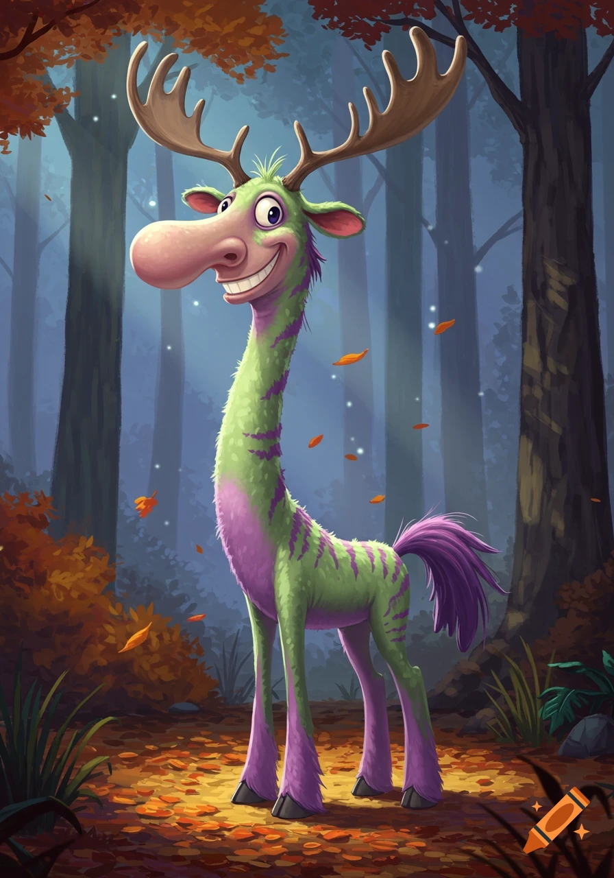 A tall, slender, smiling green and purple cartoon creature with moose ...