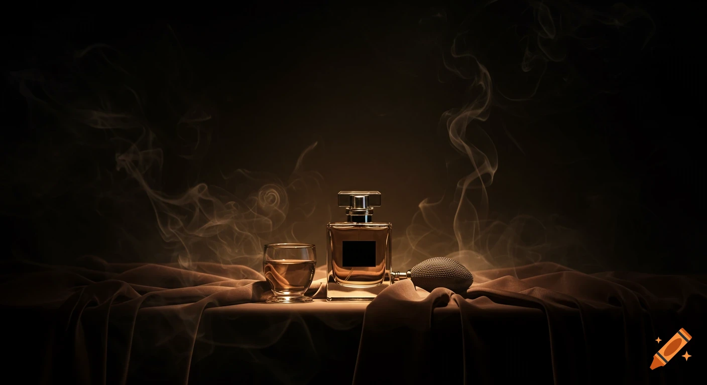 Photorealistic still life of a perfume bottle, glass, and atomiser on ...