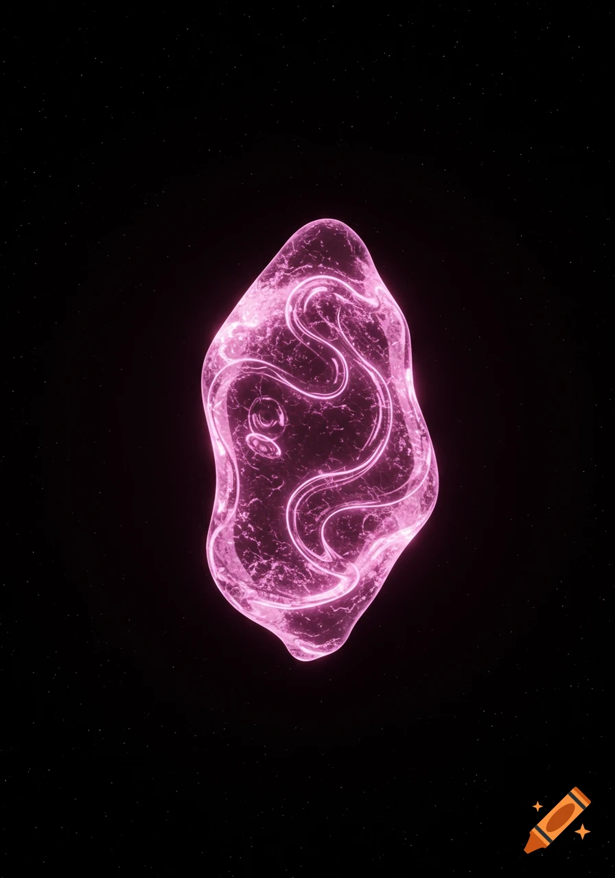 A glowing, translucent pink abstract artifact with internal swirling ...