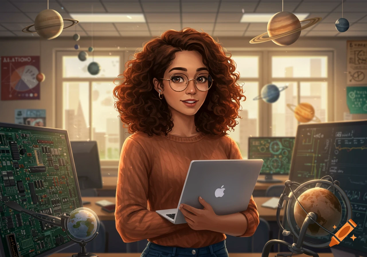 An illustrated woman with curly hair and glasses holds a laptop in a ...