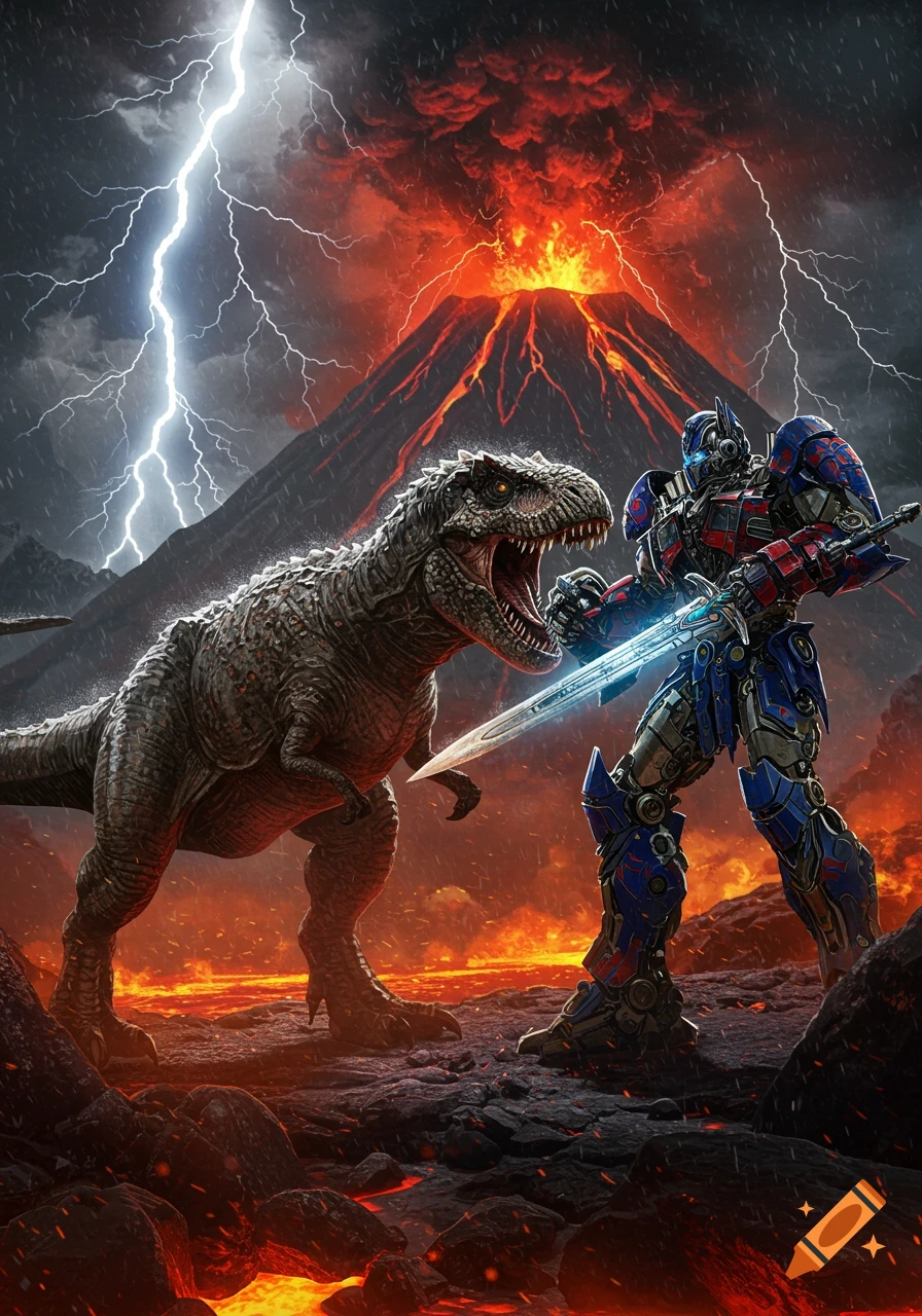 Optimus Prime sword fighting a Tyrannosaurus Rex in a stormy, volcanic ...
