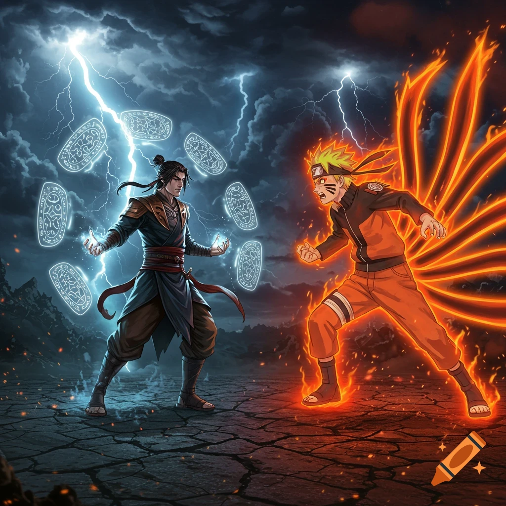 A full-body anime illustration of Naruto in his Bijuu Mode with glowing ...