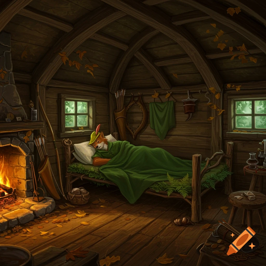 An anthropomorphic fox, dressed as Robin Hood, sleeps soundly in a cozy ...