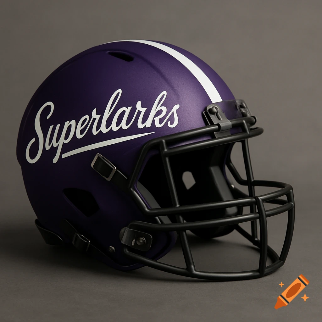 A matte purple football helmet with 'Superlarks' written in white ...