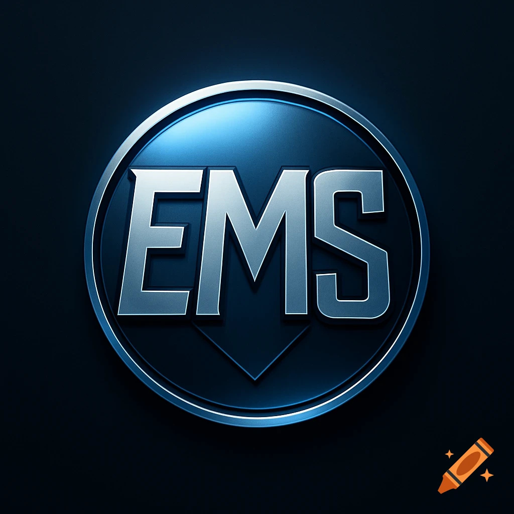 A metallic blue and silver circular logo with the letters EMS in a bold, stylized font. on Craiyon
