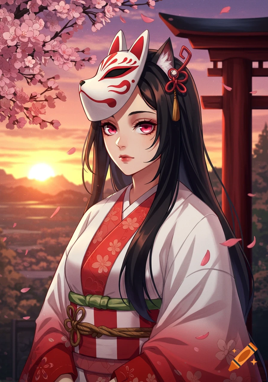 Anime girl with long black hair, red eyes, and a kitsune mask on her ...