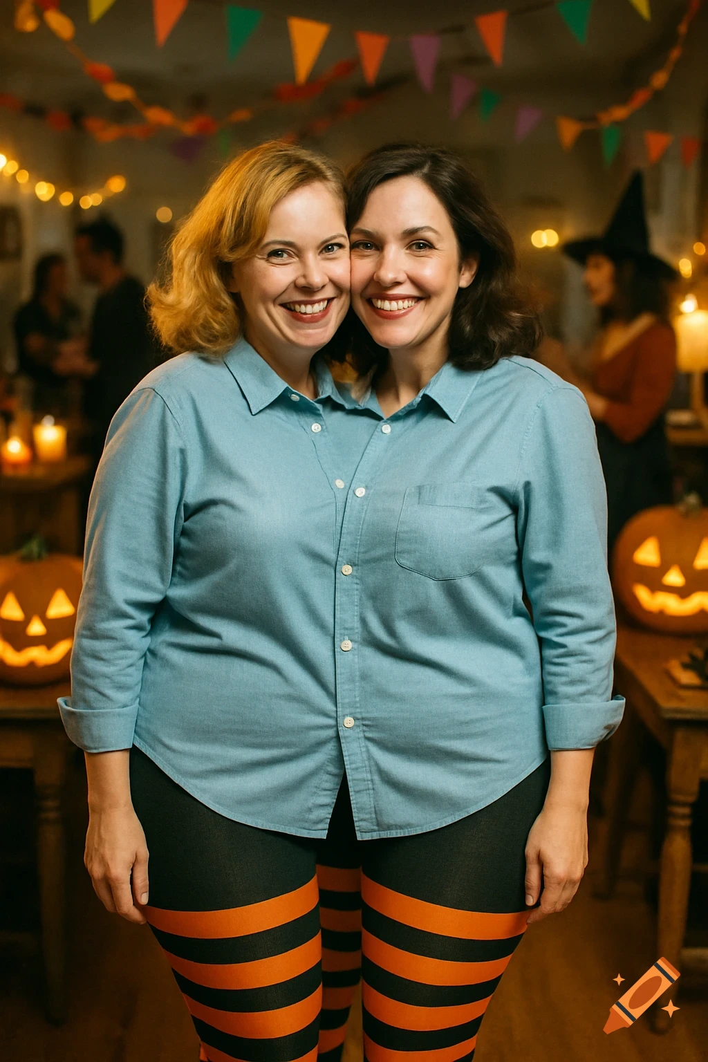Two women in a conjoined Halloween costume, smiling at a festive party ...