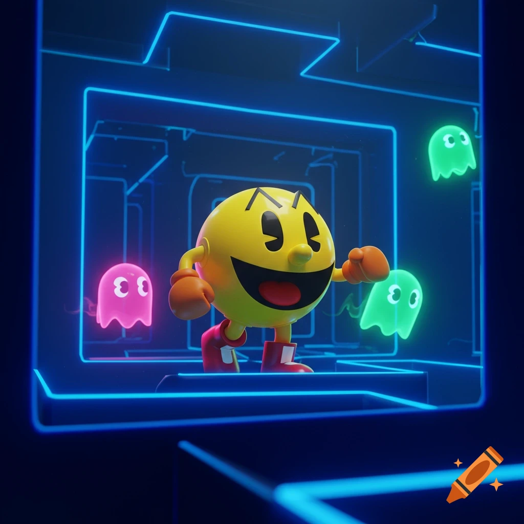 3D render of Pac-Man running through a dark, neon-lit maze with glowing pink and green ghosts ...