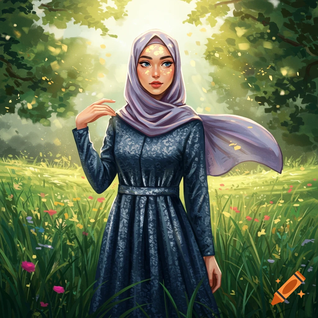 An illustrated portrait of a hijabi girl in a blue dress standing in a ...