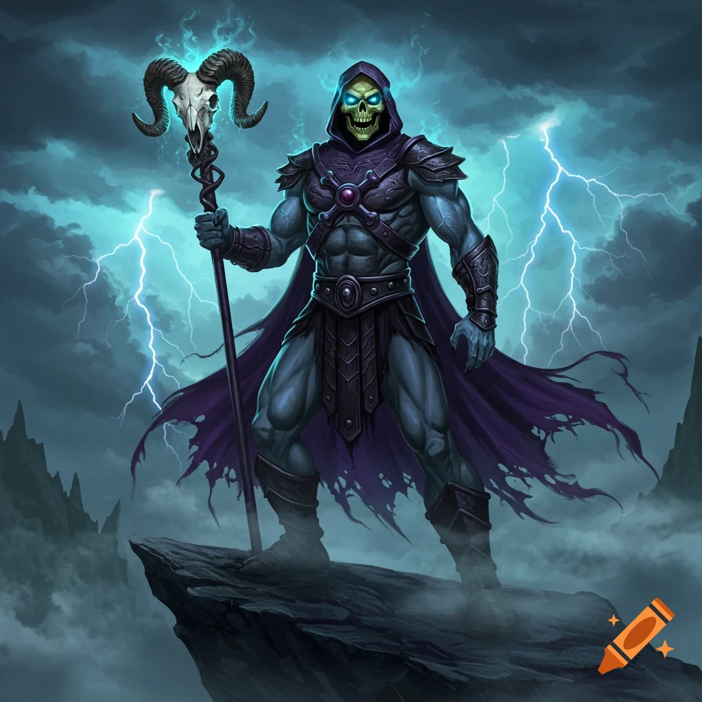 Skeletor, with red eyes and a skull-topped staff, stands on a rock ...
