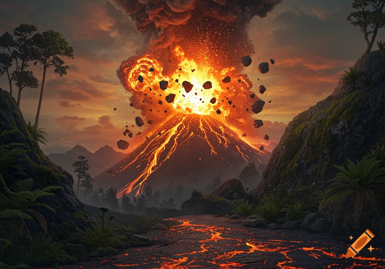 A dramatic volcanic eruption with lava flowing and rocks exploding from ...