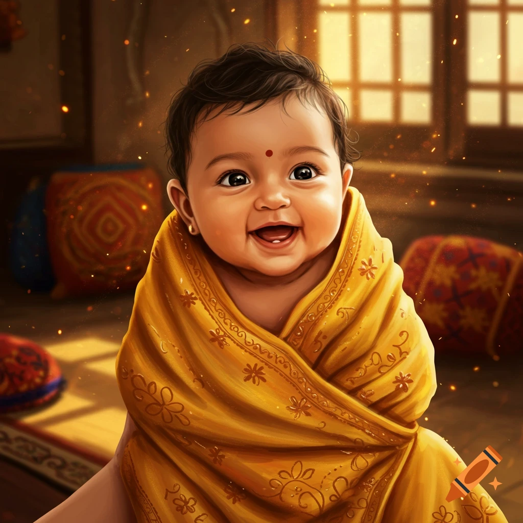 A smiling Indian baby wrapped in a yellow patterned blanket, with a ...