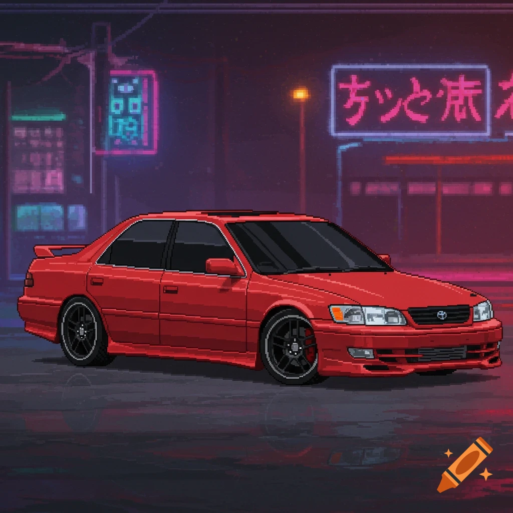 Pixel art of a red 2002 Toyota Camry with black rims and tinted windows ...