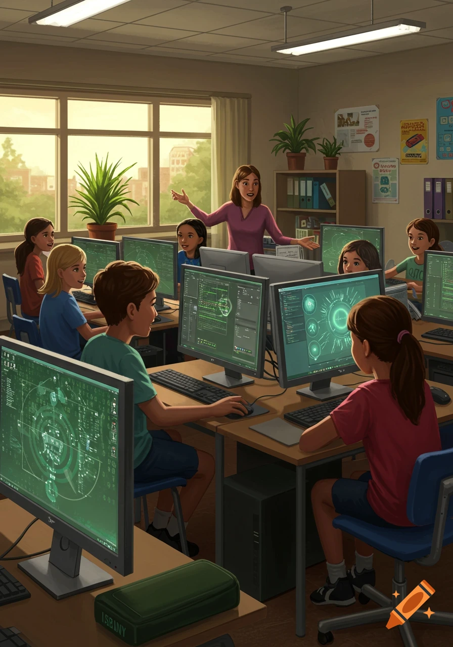 A female teacher instructs middle school students in a computer ...