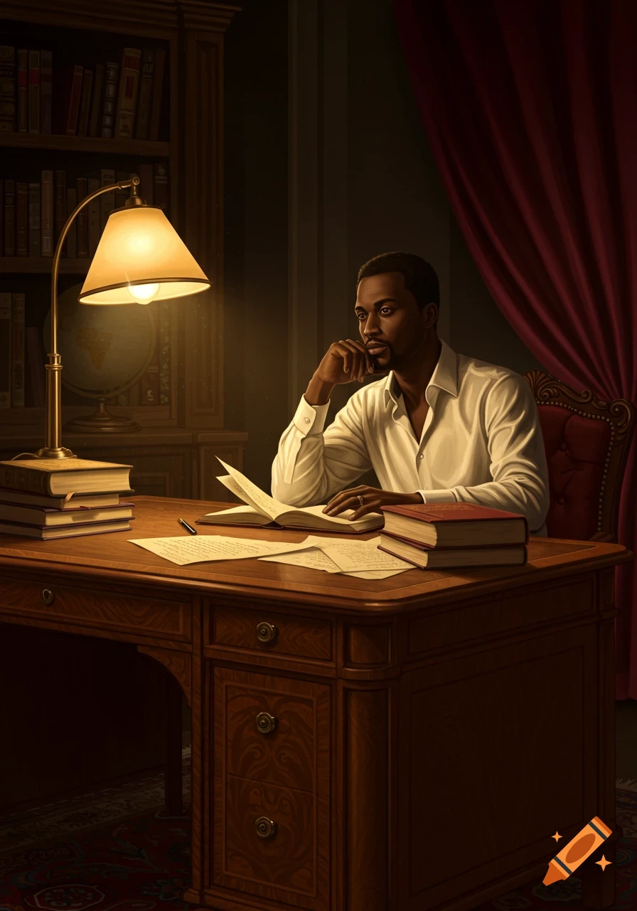 A young 1800s man writing at a desk in a dimly lit, opulent study with ...