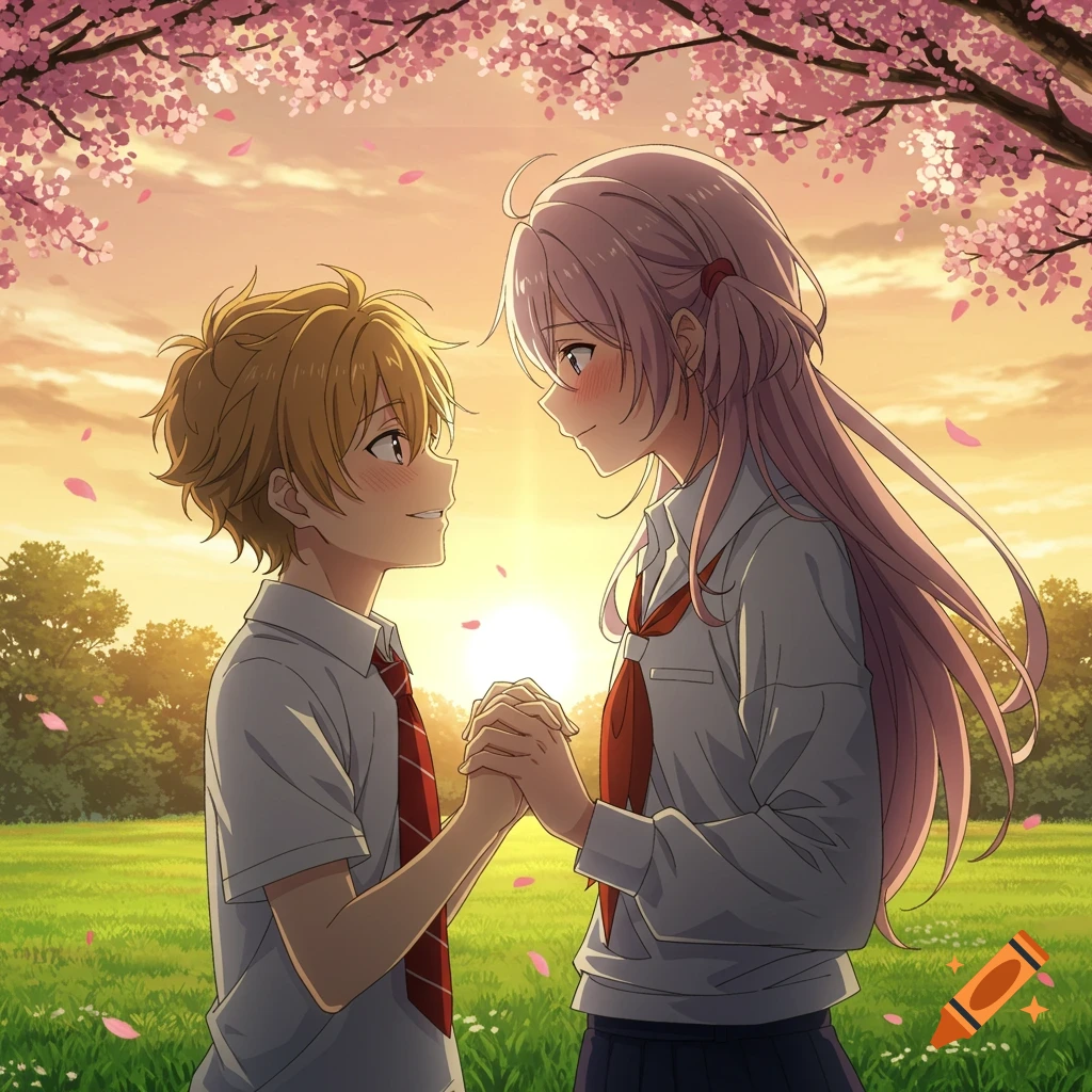 Two anime characters hold hands under a cherry blossom tree at sunset ...