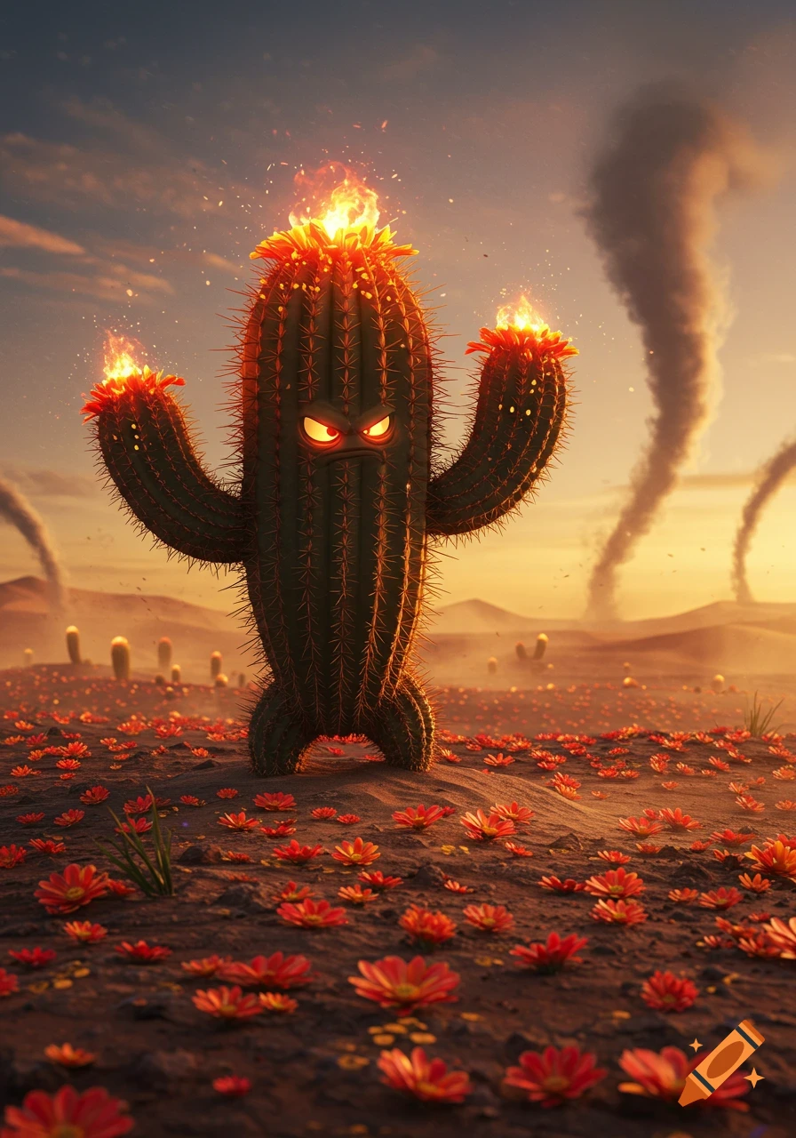 An angry, stylized cactus with fiery blossoms and glowing red eyes ...