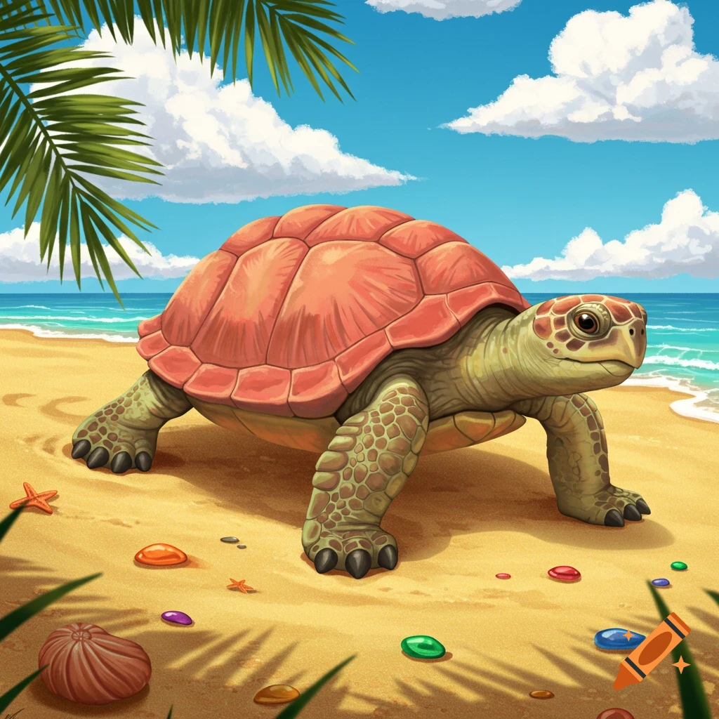A cute, happy baby turtle stands on a sandy beach, holding a vibrant ...