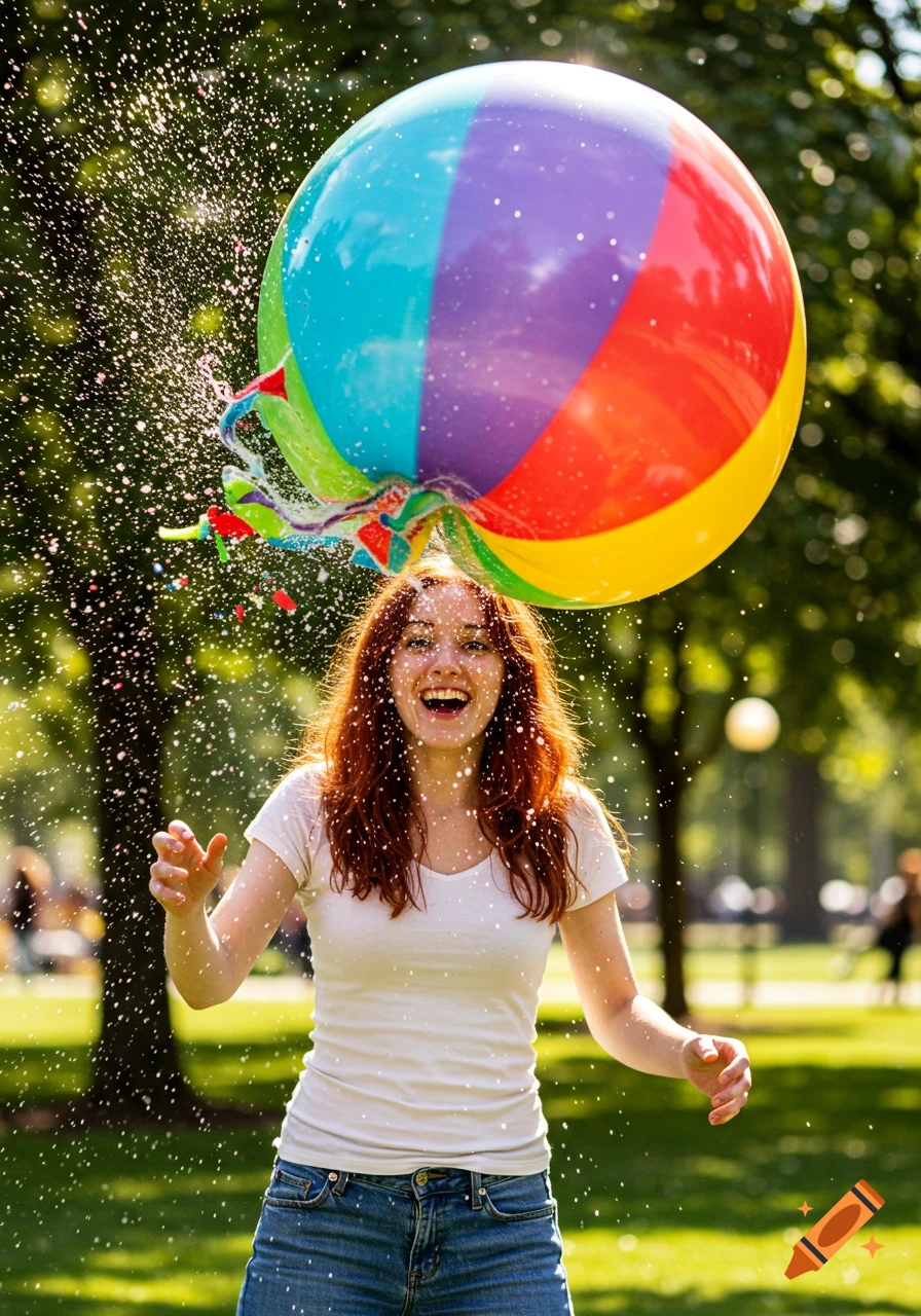 A red spherical sprinkler sprays water, creating a vibrant rainbow over ...