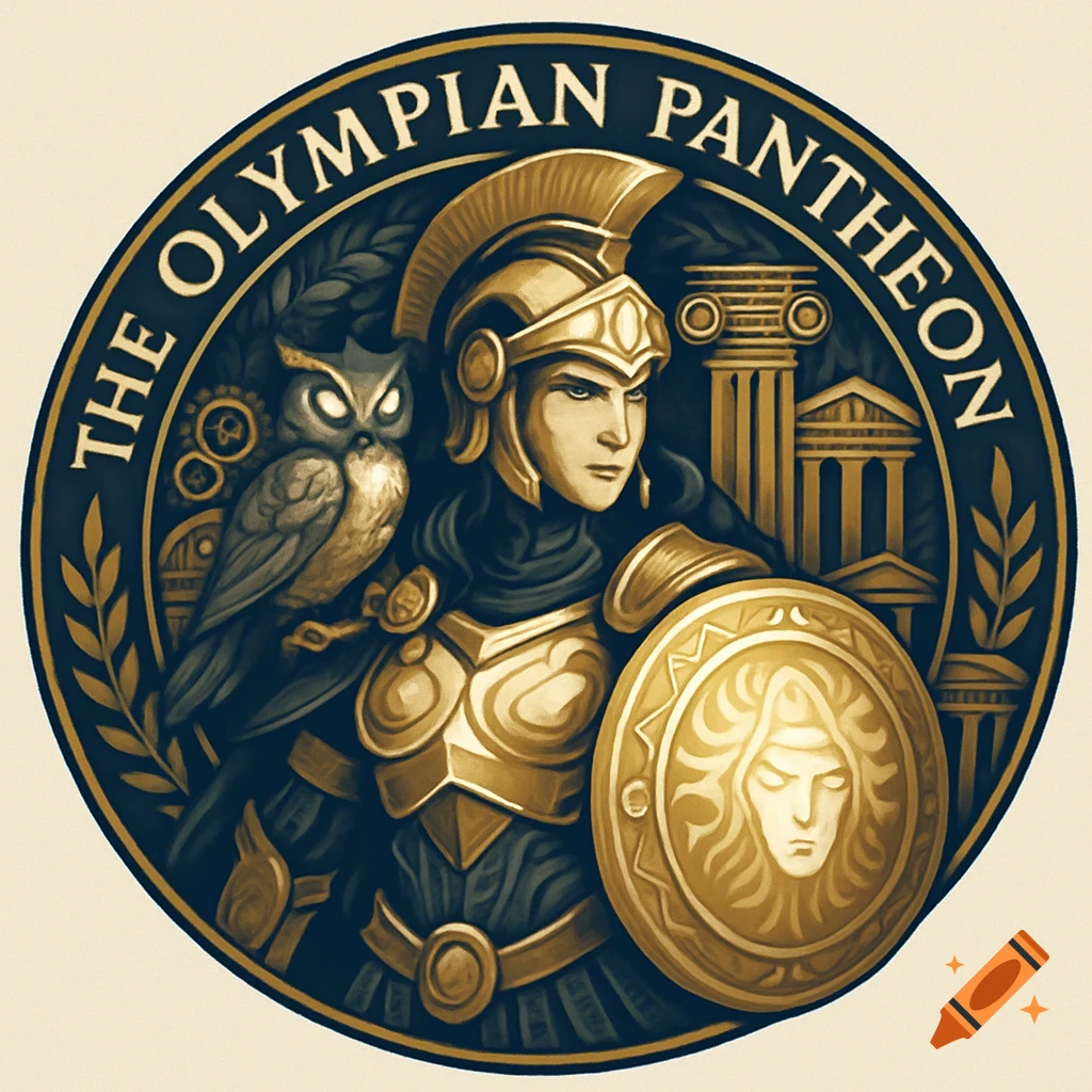 A circular emblem in gold and dark blue, depicting a figure in golden ...