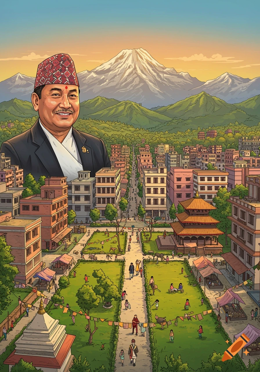 Illustrated scene of Harka Sampang's portrait in the sky over a vibrant ...