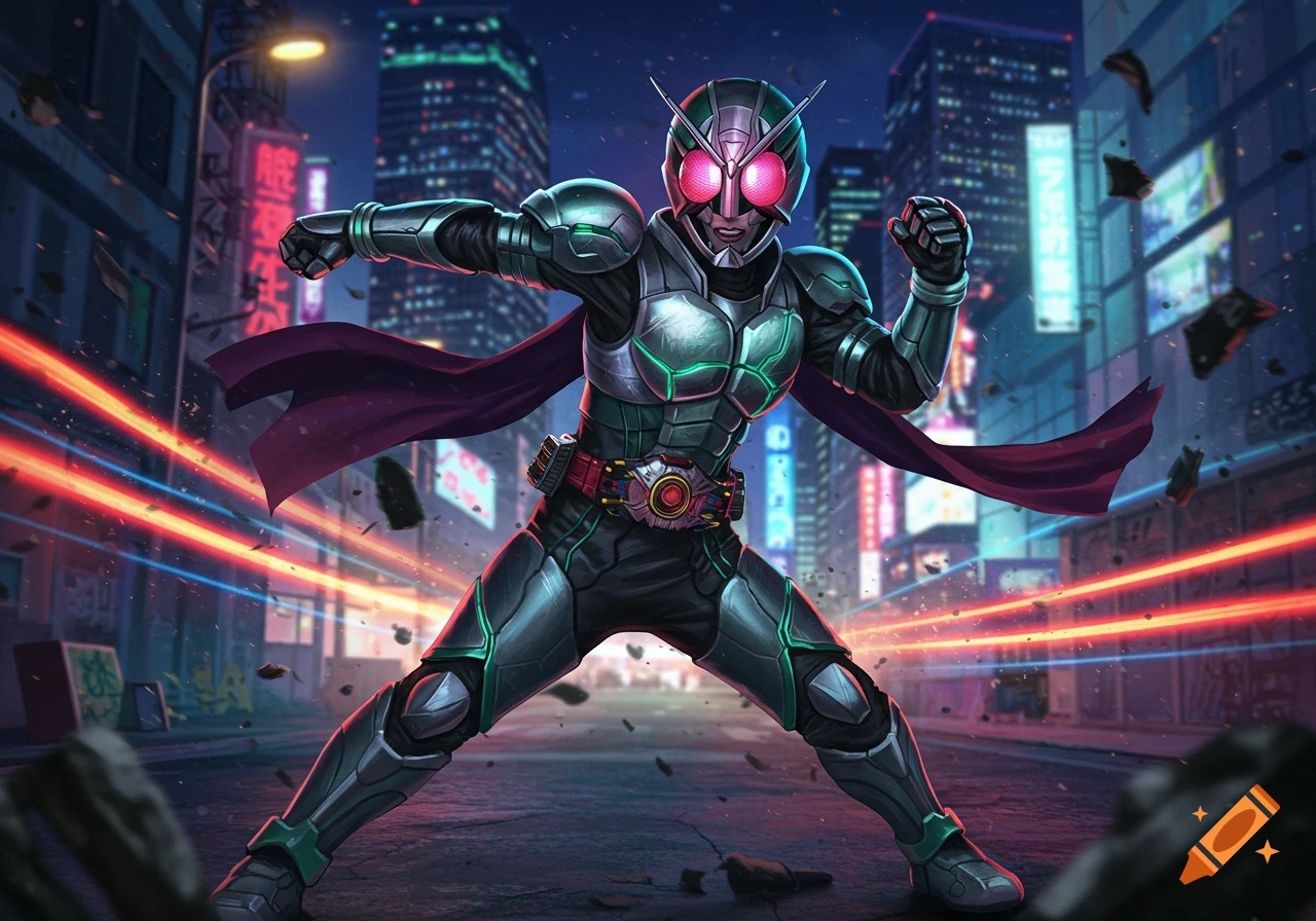 A Kamen Rider-like character in a dynamic pose against a neon-lit ...