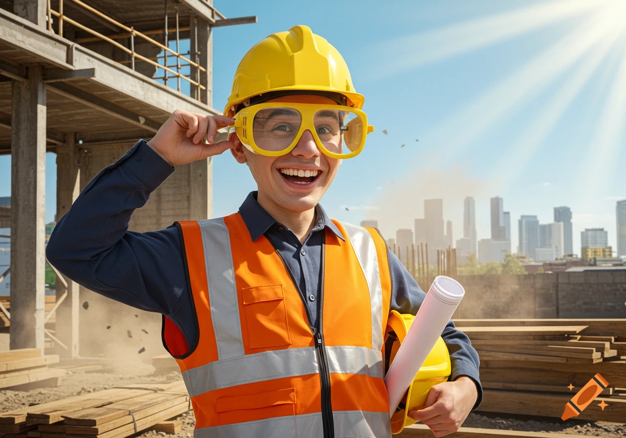 A smiling man in a yellow hard hat, orange safety vest, and comically ...