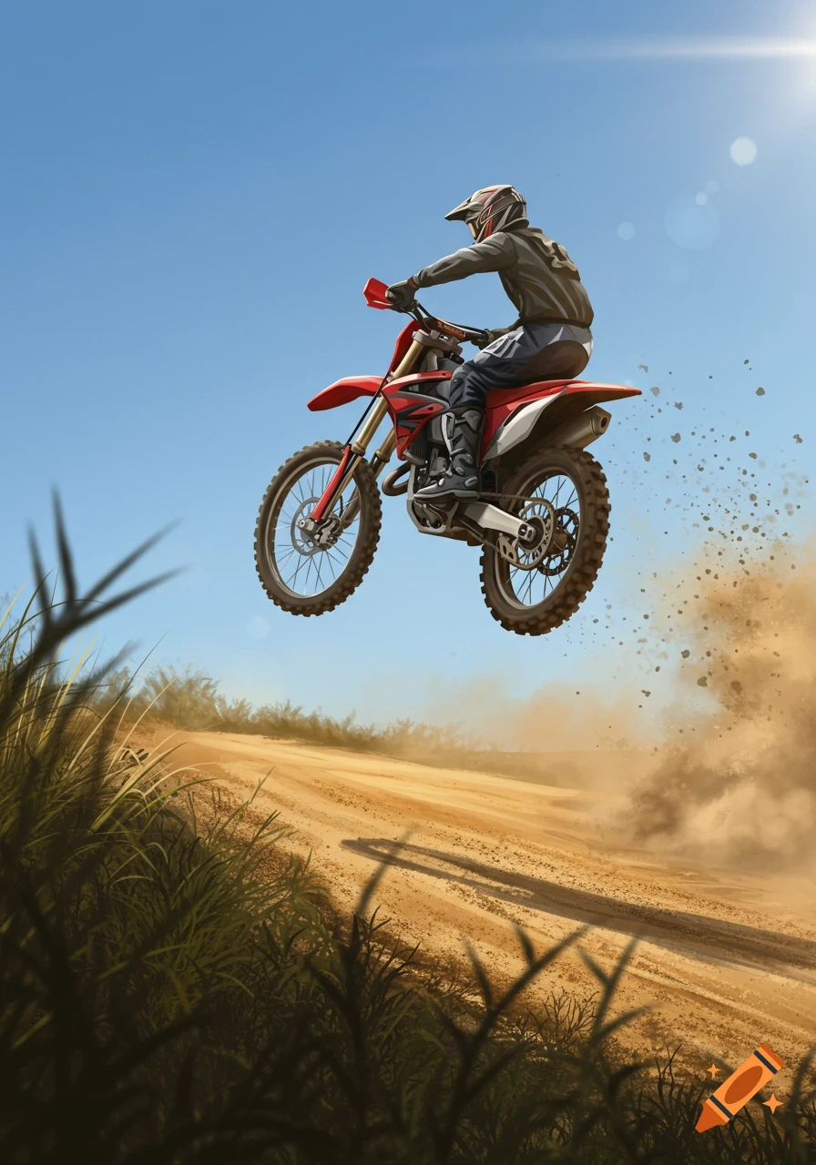 A dirt bike rider jumps high on a dusty track under a bright blue sky ...