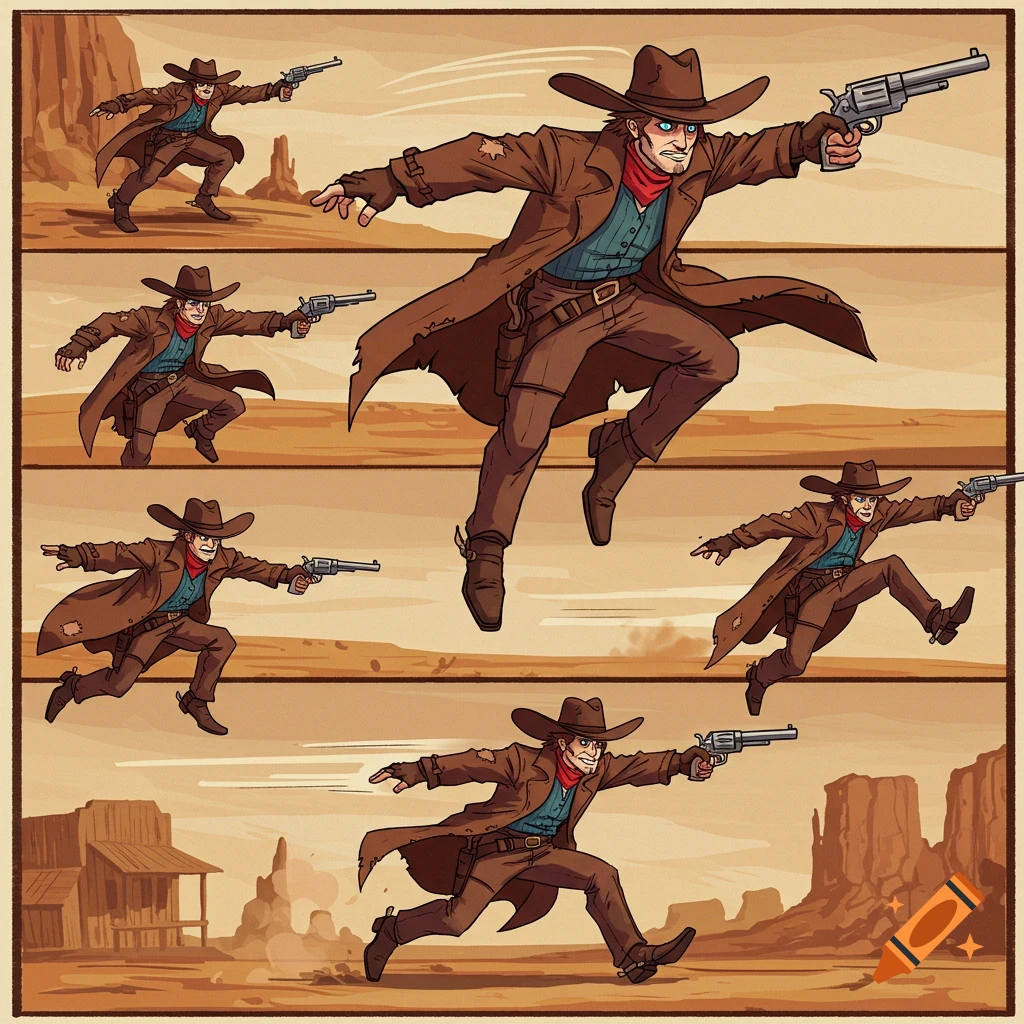 Cartoon cowboy pants and boots with arms holding a revolver in a desert ...