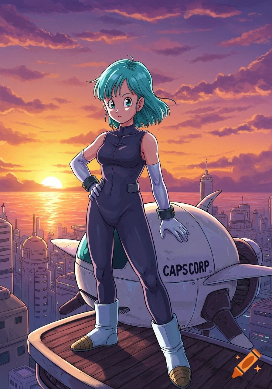 Bulma from Dragon Ball in a purple Capsule Corp uniform holds a ...