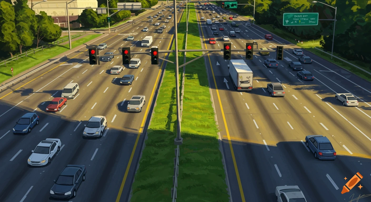 A stylized, high-angle view of a divided highway intersection with cars ...