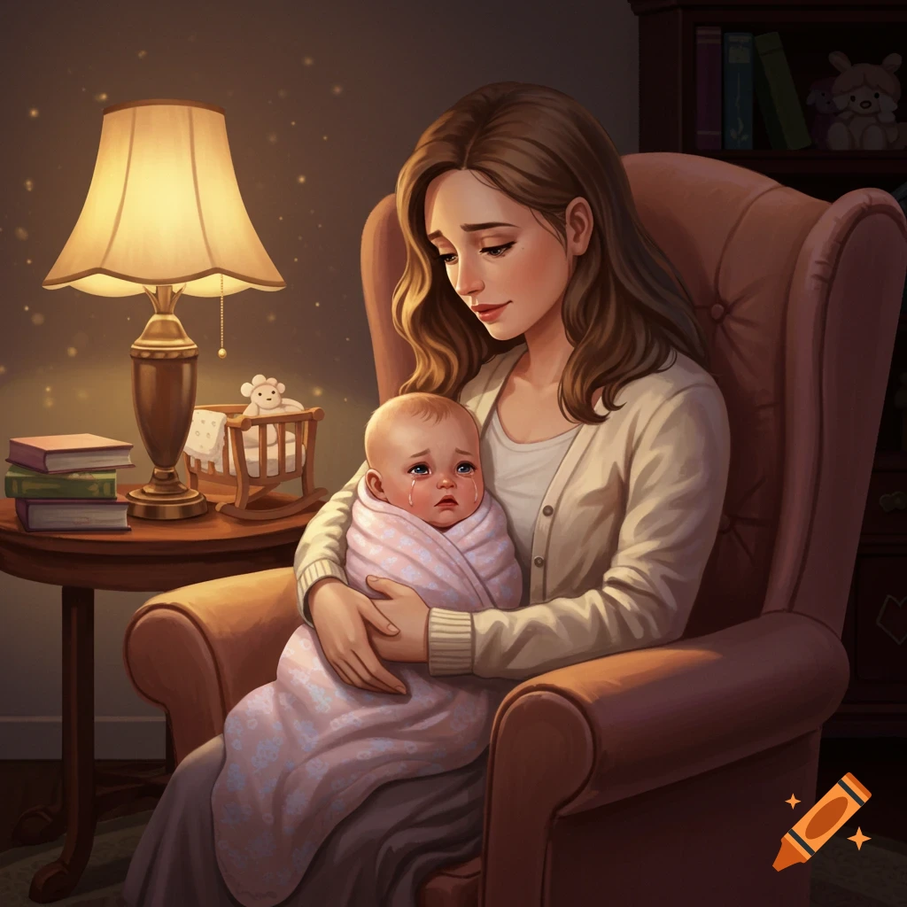 An illustration of a mother sitting in an armchair, cradling a crying ...